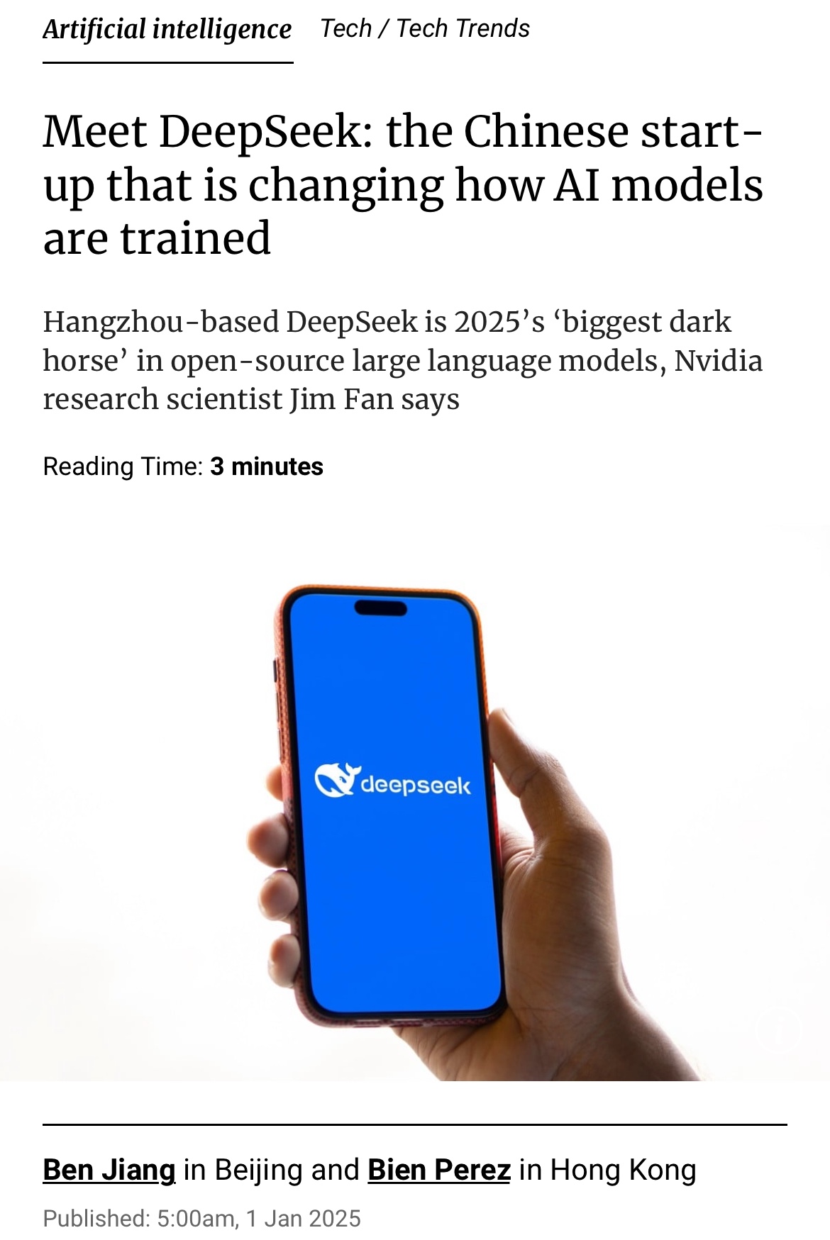 Chinese start-up DeepSeek has emerged as “the biggest dark horse” in ...