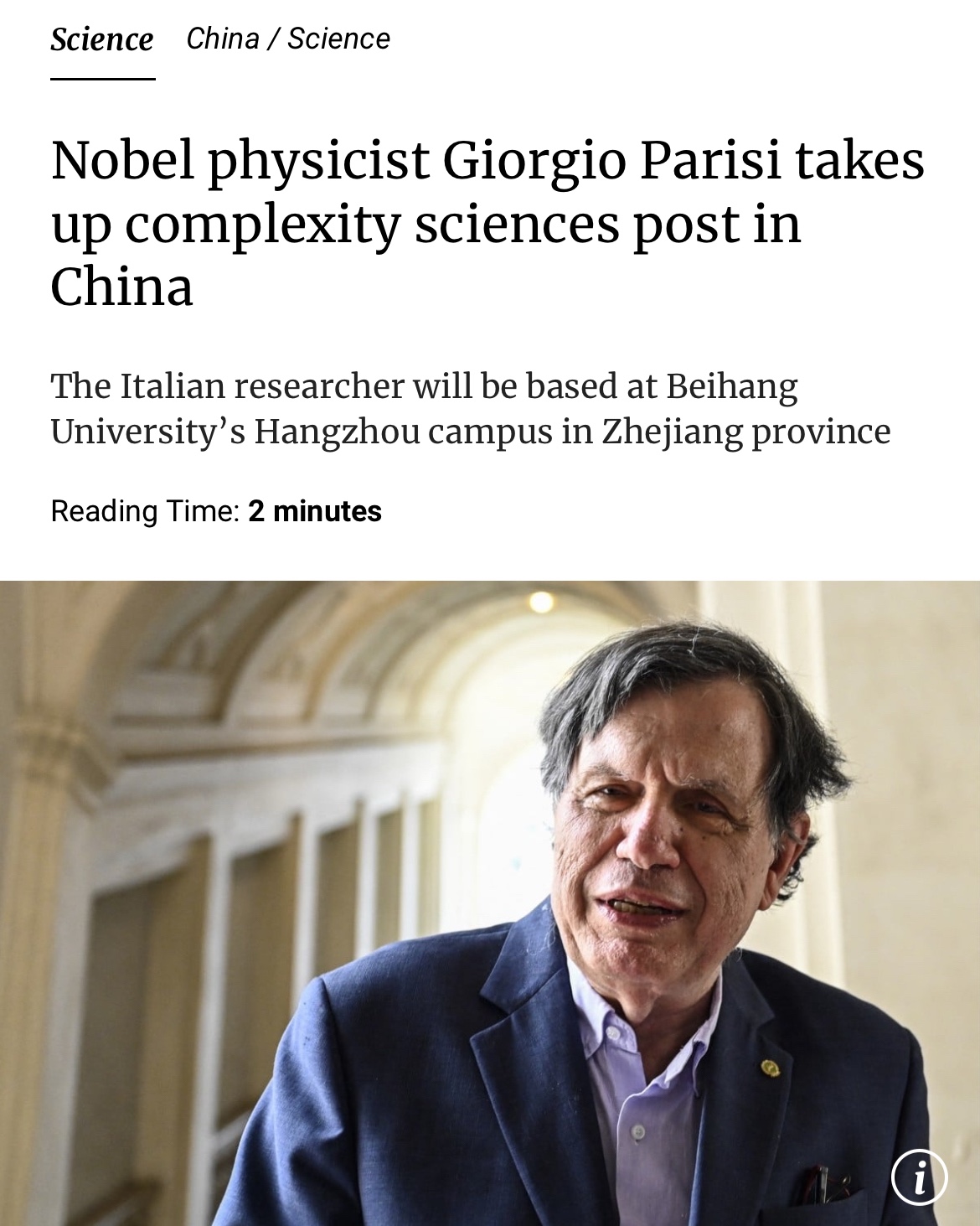 Italian theoretical physicist and Nobel laureate Giorgio Parisi has ...