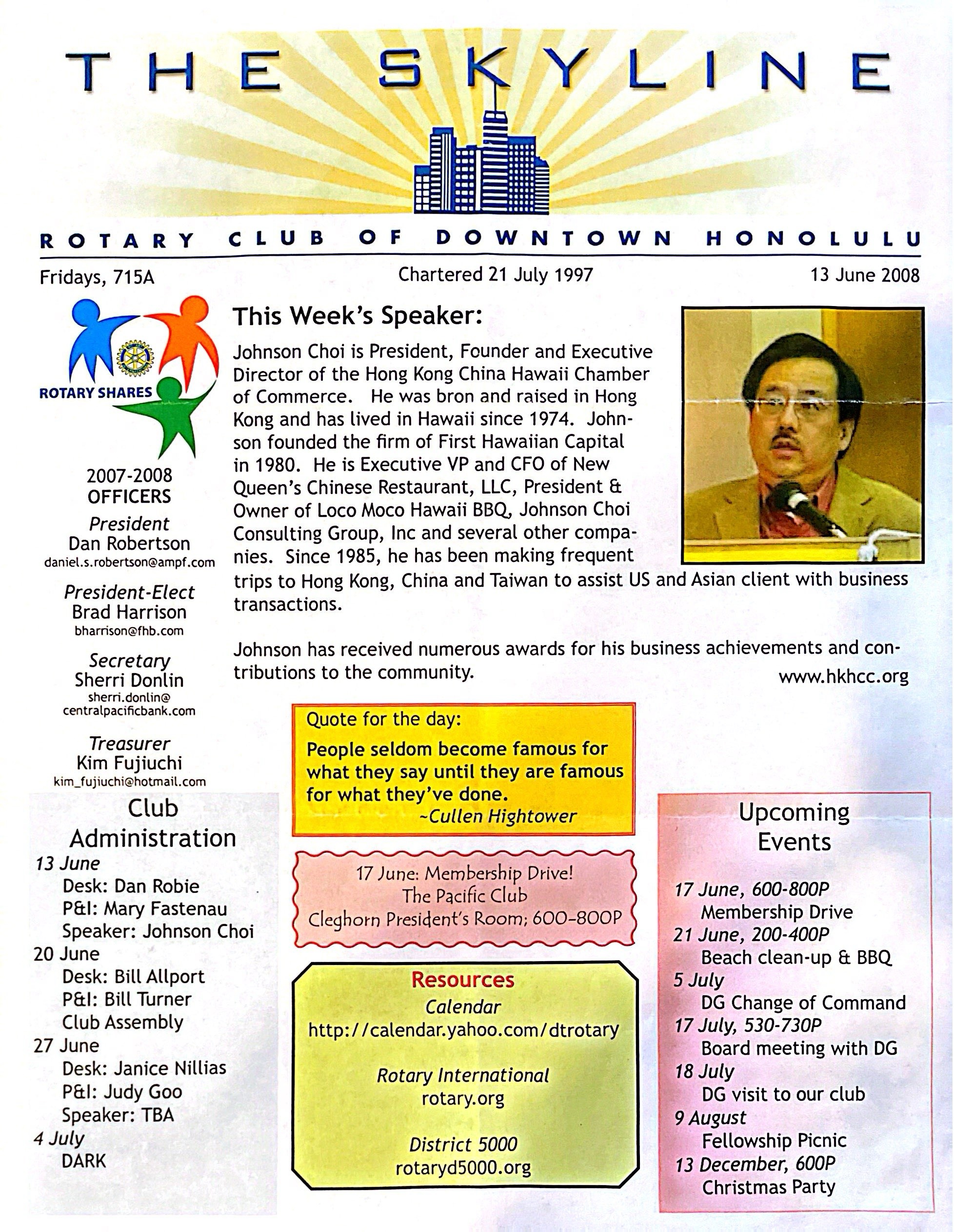 Johnson Choi spoke at Rotary Club of Downtown Honolulu on June 13 2008 ...